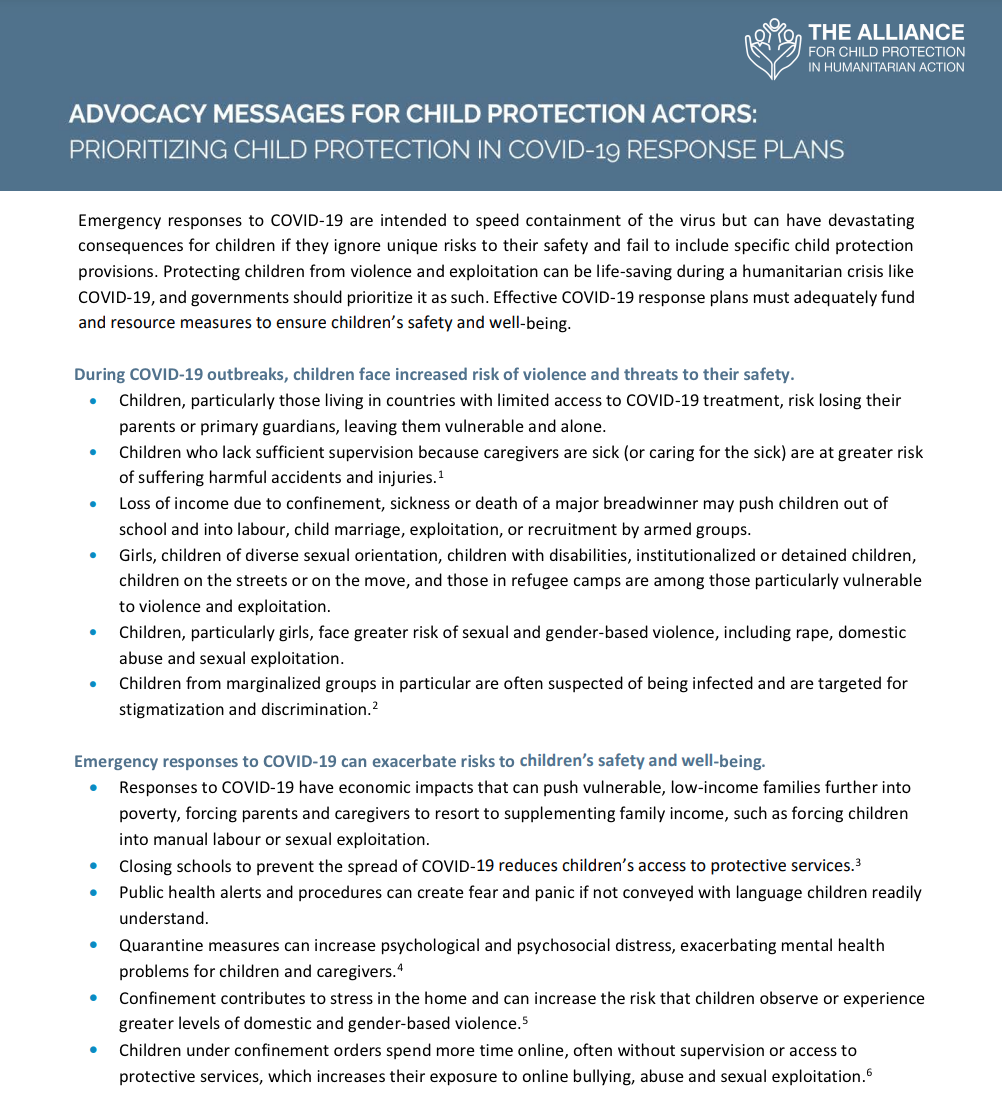Advocacy Messages for Child Protection Actors: Prioritizing Child ...