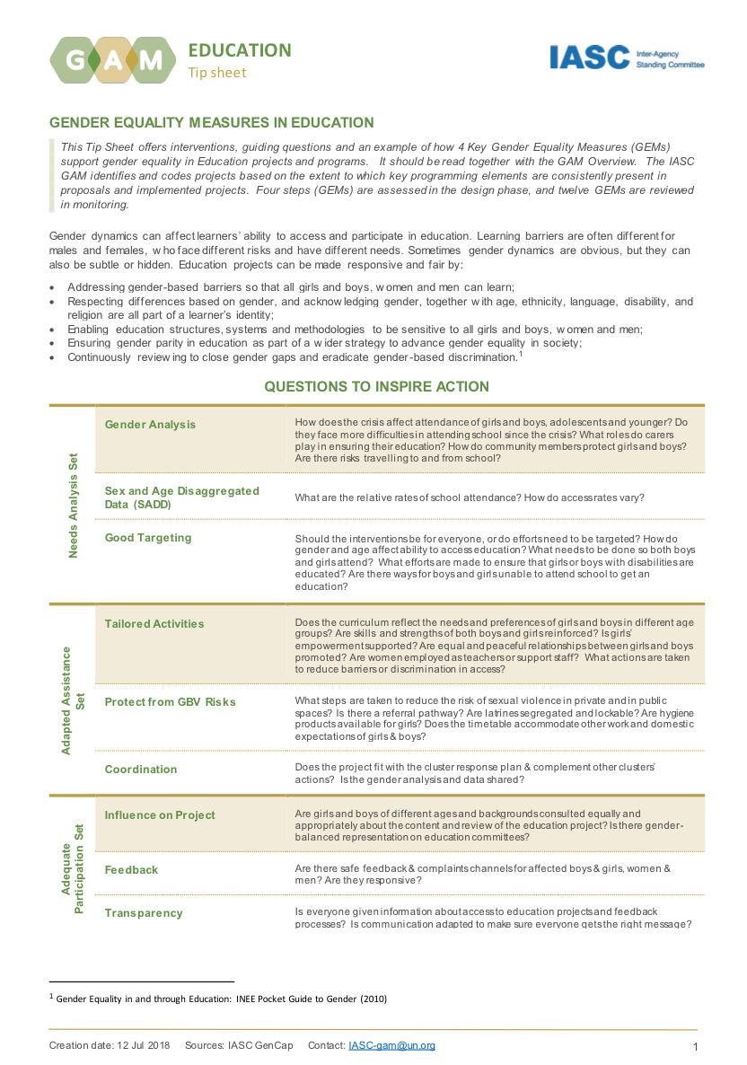 IASC Gender Equality Measures Tip Sheet | Alliance CPHA