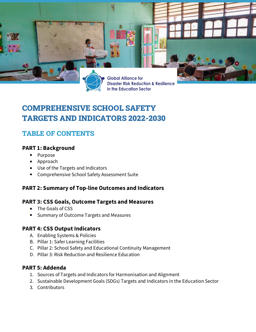 Comprehensive School Safety Targets and Indicators 2022-2030 | Alliance ...