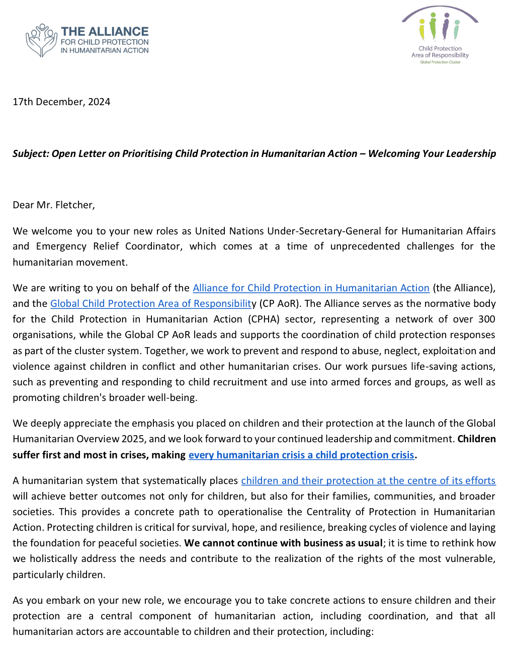 Open Letter on Prioritising Child Protection in Humanitarian Action ...